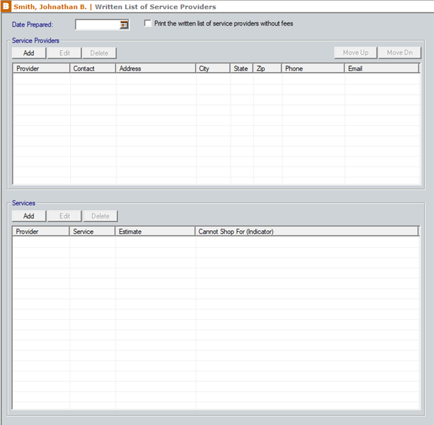 2500 Completing the Written List of Service Providers screen