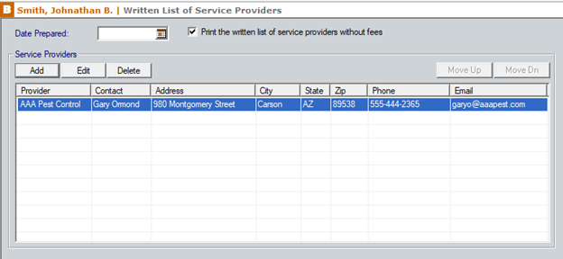 2500 Completing the Written List of Service Providers screen