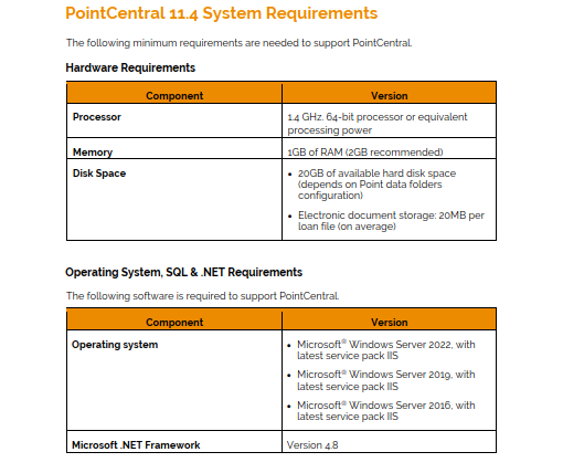 PointCentral 11.4 System Requirements